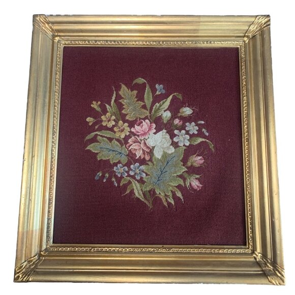 Art | Vintage Floral Needlepoint In Gold Frame 2x19 Wall Art For Home ...